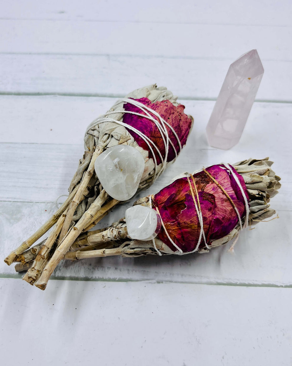White Sage & Rose Petal smudge stick Torch with Quartz 8cm – Incense Australia